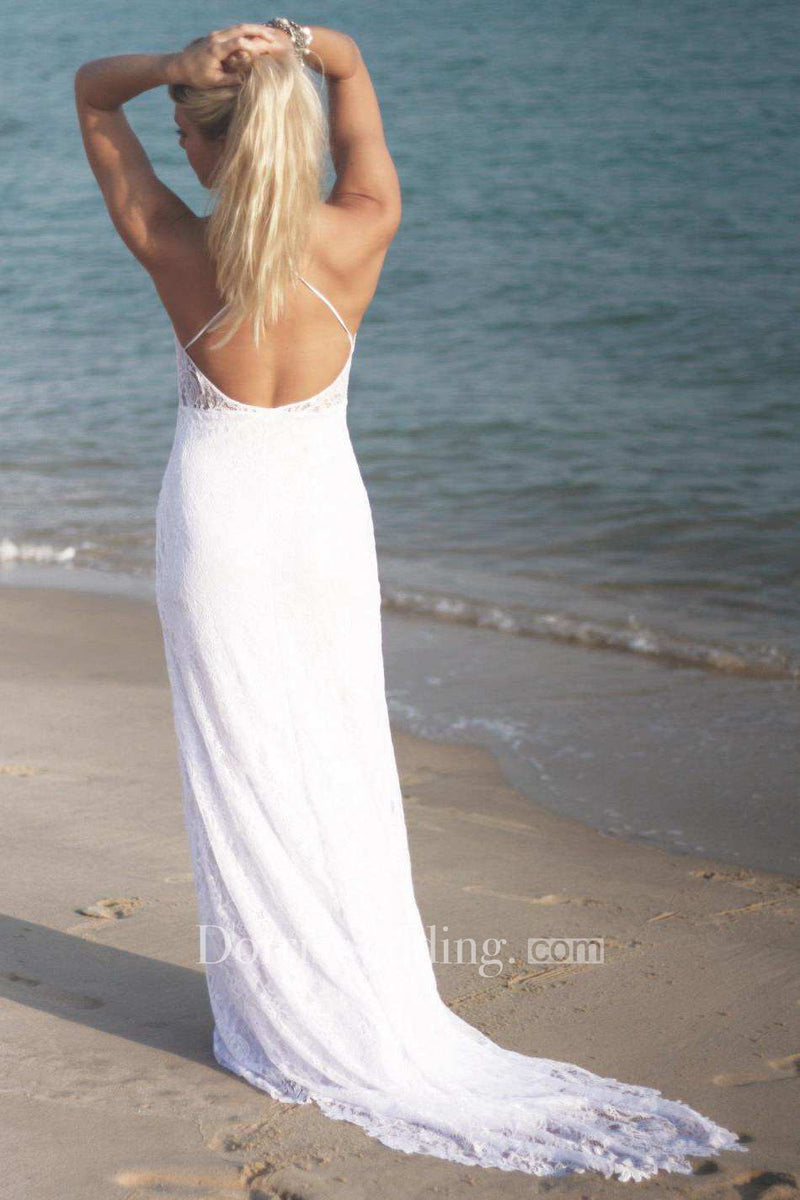 High Neck Sleeveless Lace Split Front Dress With Sweep Train – DorrisDress