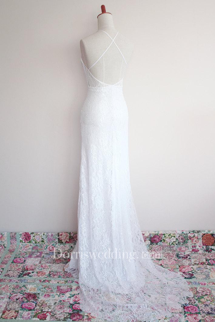 High Neck Sleeveless Lace Split Front Dress With Sweep Train – DorrisDress