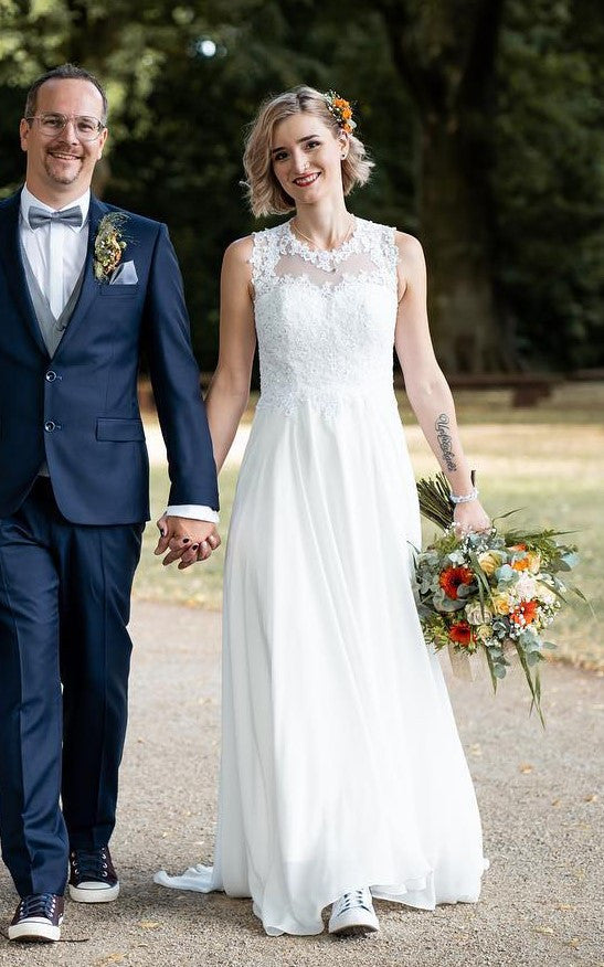 Jewel A-Line Chiffon Vintage Wedding Dress Sleeveless With Sweep Train ...