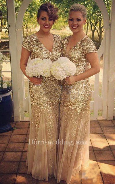 Mermaid V Neck T Shirt Draping Pleats Brush Train Zipper Sequins Dress